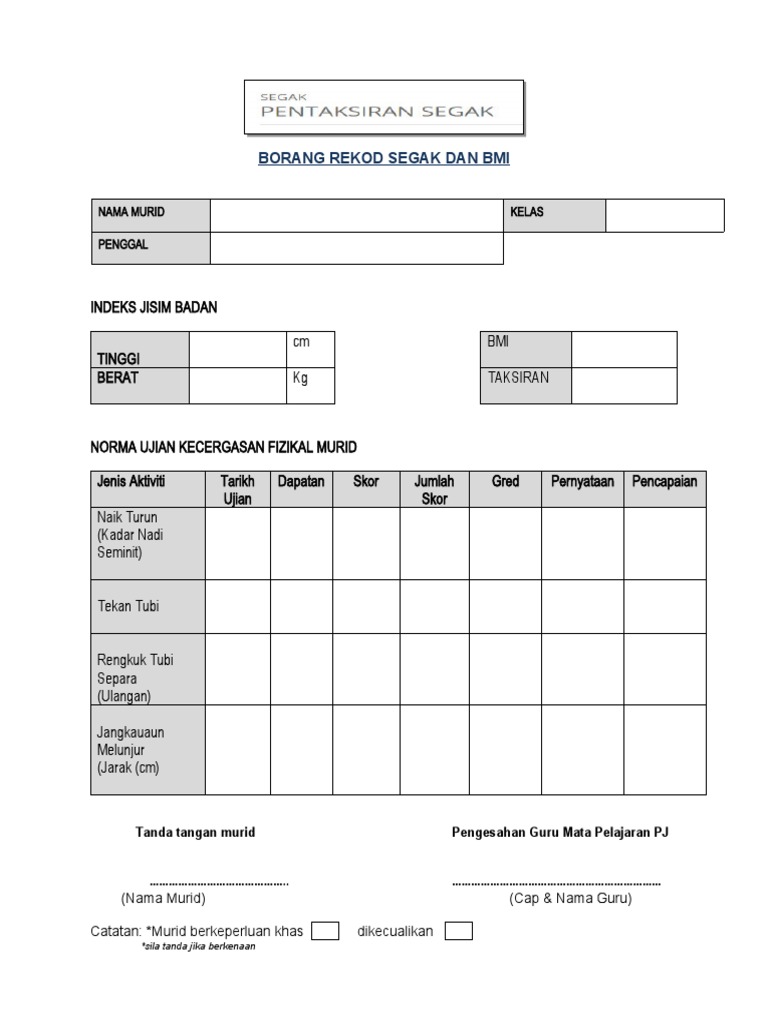 Borang Rekod Segak Dan Bmi | PDF