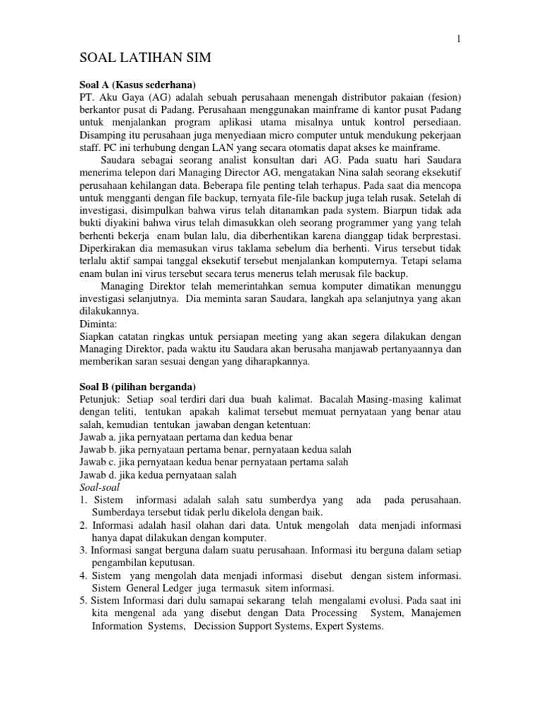 Soal Latihan Sim Minggu 1 | PDF