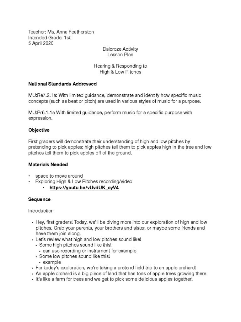 Leading A Dalcroze Activity Lesson Plan | PDF | Lesson Plan | Pitch (Music)