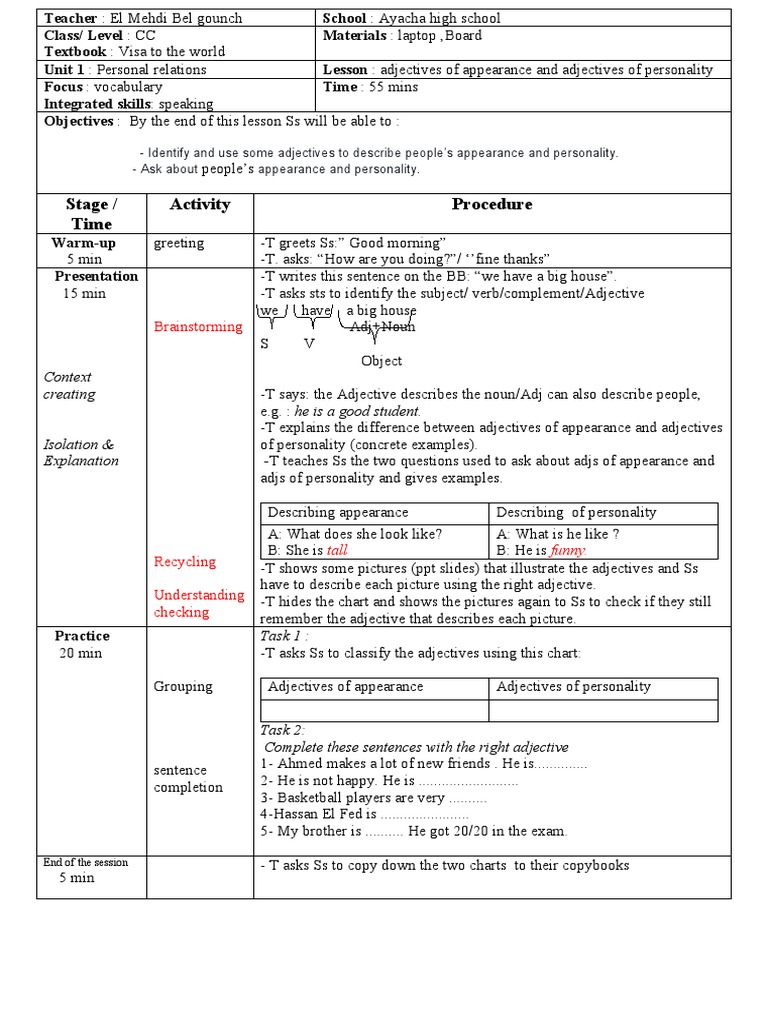Lesson-Plan-Voc Adjs Appearance Adjs Personality | PDF | Adjective ...