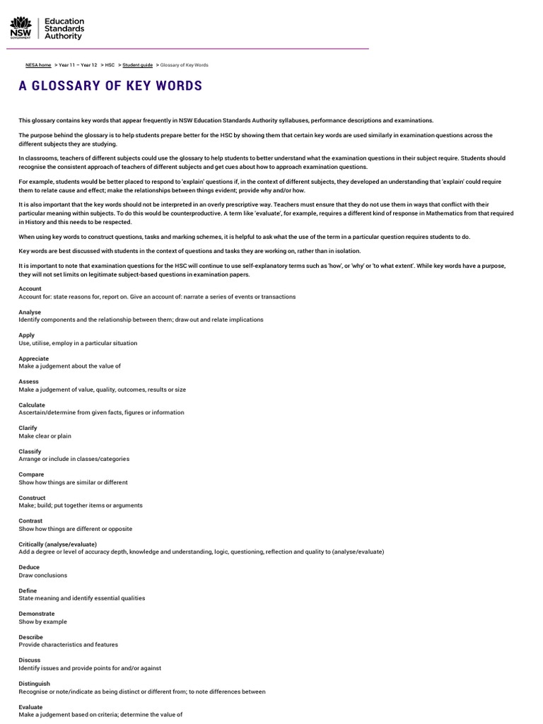 Glossary of Key Words - NSW Education Standards | PDF | Test ...