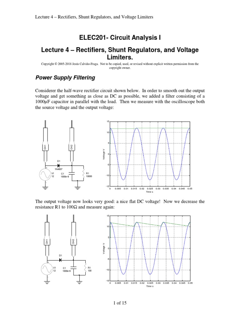 ELEC201-Circuit Analysis I Lecture 4 - Rectifiers, Shunt Regulators, and Voltage Limiters | PDF ...