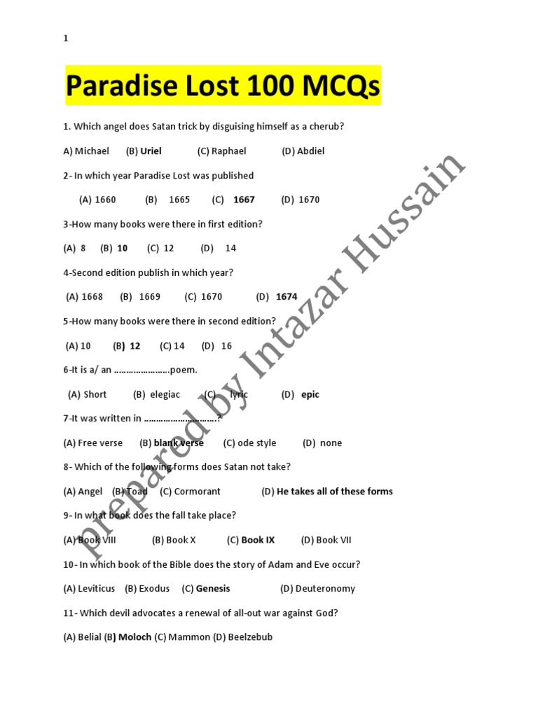 Paradise Lost 100 MCQs File | PDF | Paradise Lost | Adam And Eve