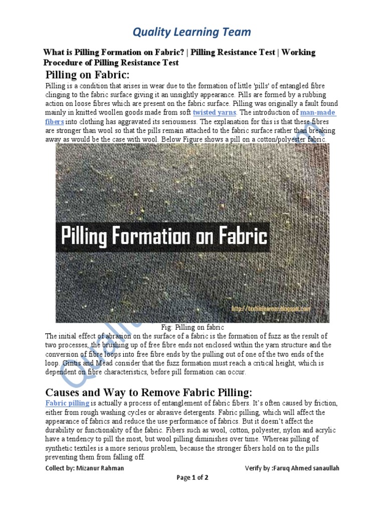 Quality Learning Team: Pilling On Fabric | PDF | Textiles | Materials