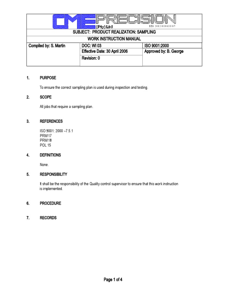 WI 03 Control of Sampling Plans | PDF | Iso 9000 | Evaluation