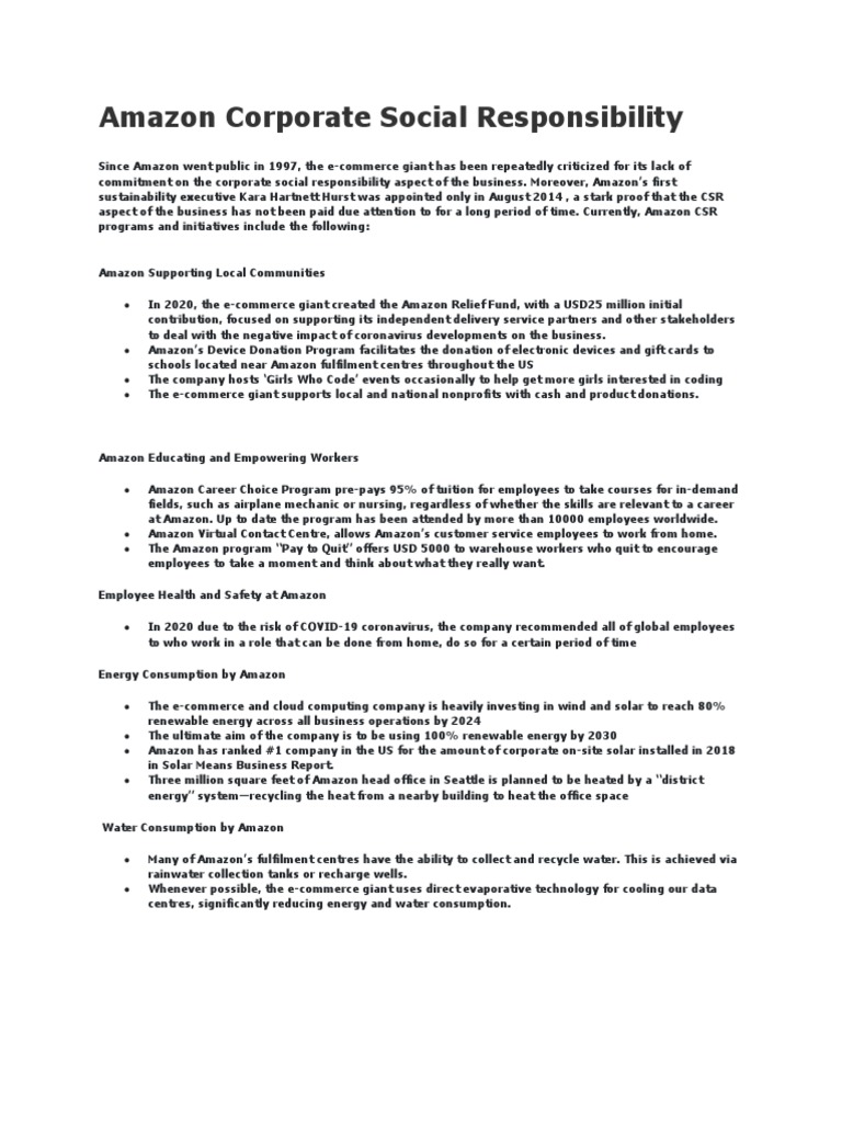 Amazon Corporate Social Responsibility | PDF | Low Carbon Economy | Corporate Social Responsibility