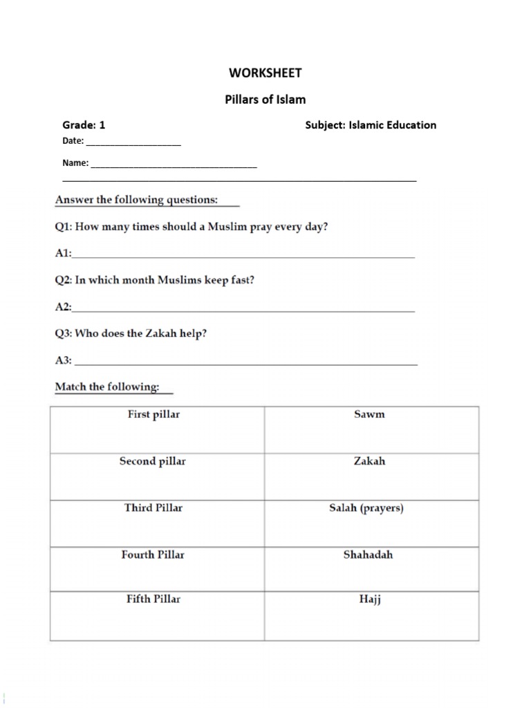 Pillars of Islam Worksheet for Grade 1 | PDF