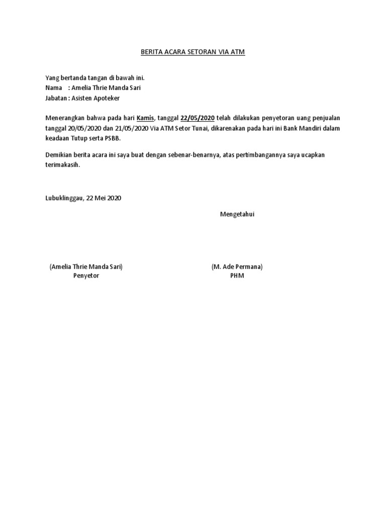 Berita Acara Setoran Via Atm | PDF