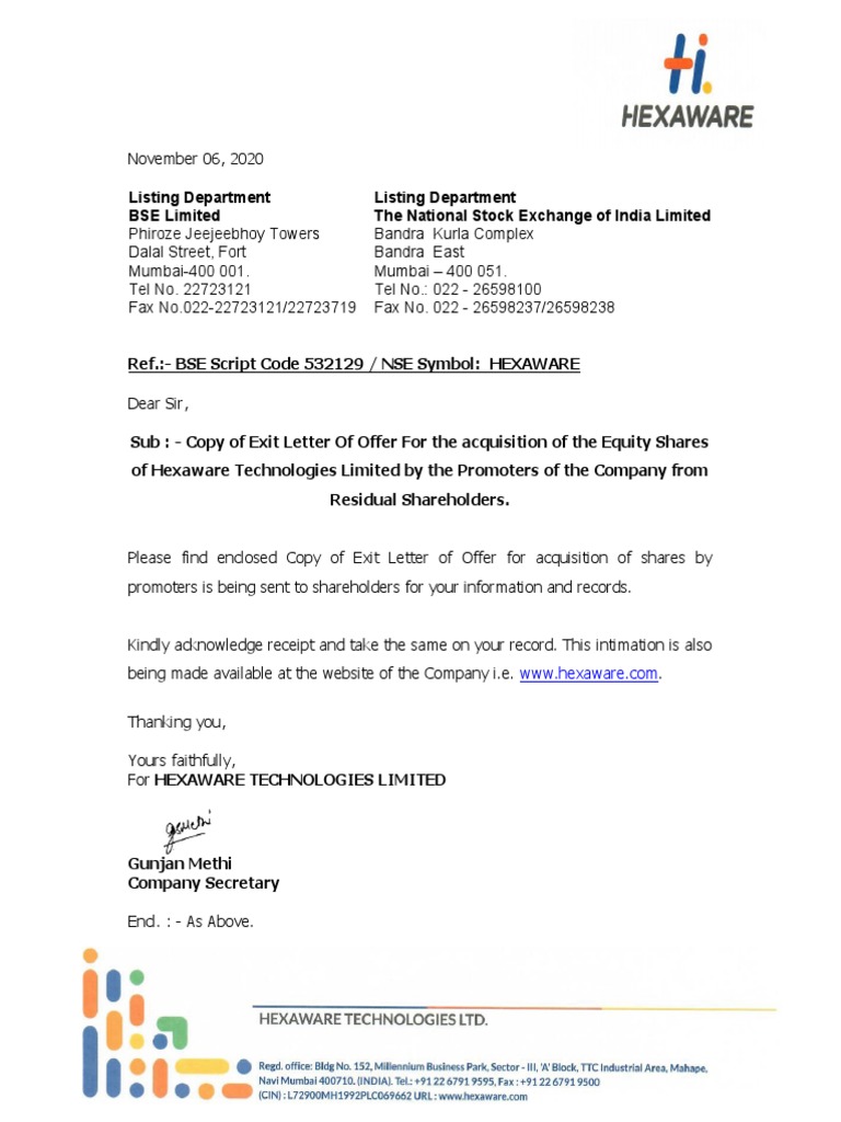 Hexaware Technologies Exit Offer Notice | PDF | Stocks | Equity Securities