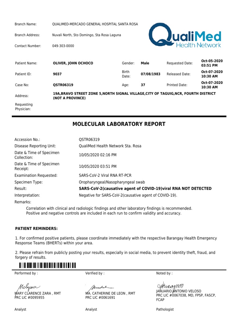COVID-19 Test Result Notification | PDF | Clinical Medicine | Medicine