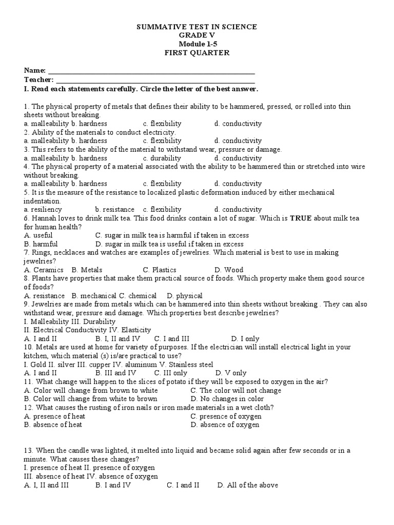 Summative Test in Science 5 With Answer Key | PDF | Hardness | Ductility