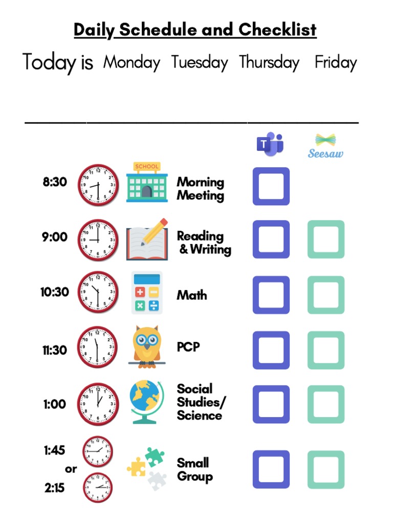 Today Is: Daily Schedule and Checklist Monday Tuesday Thursday Friday | PDF