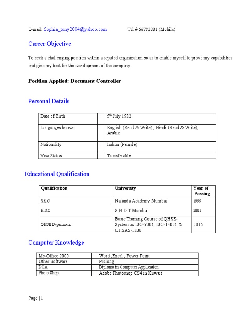 Career Objective: Position Applied: Document Controller | PDF ...