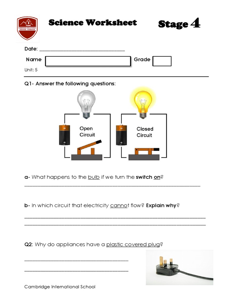 Electricity Worksheets 4th Grade
