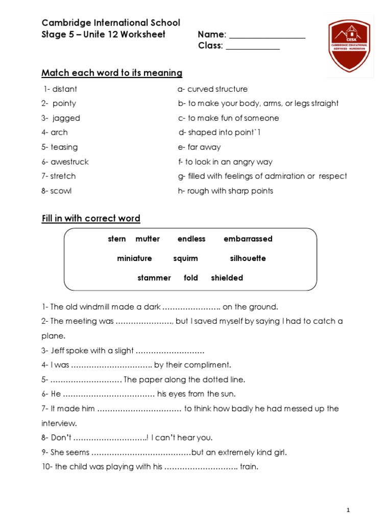 Stage 5 English Unit 12 Worksheet PDF | PDF