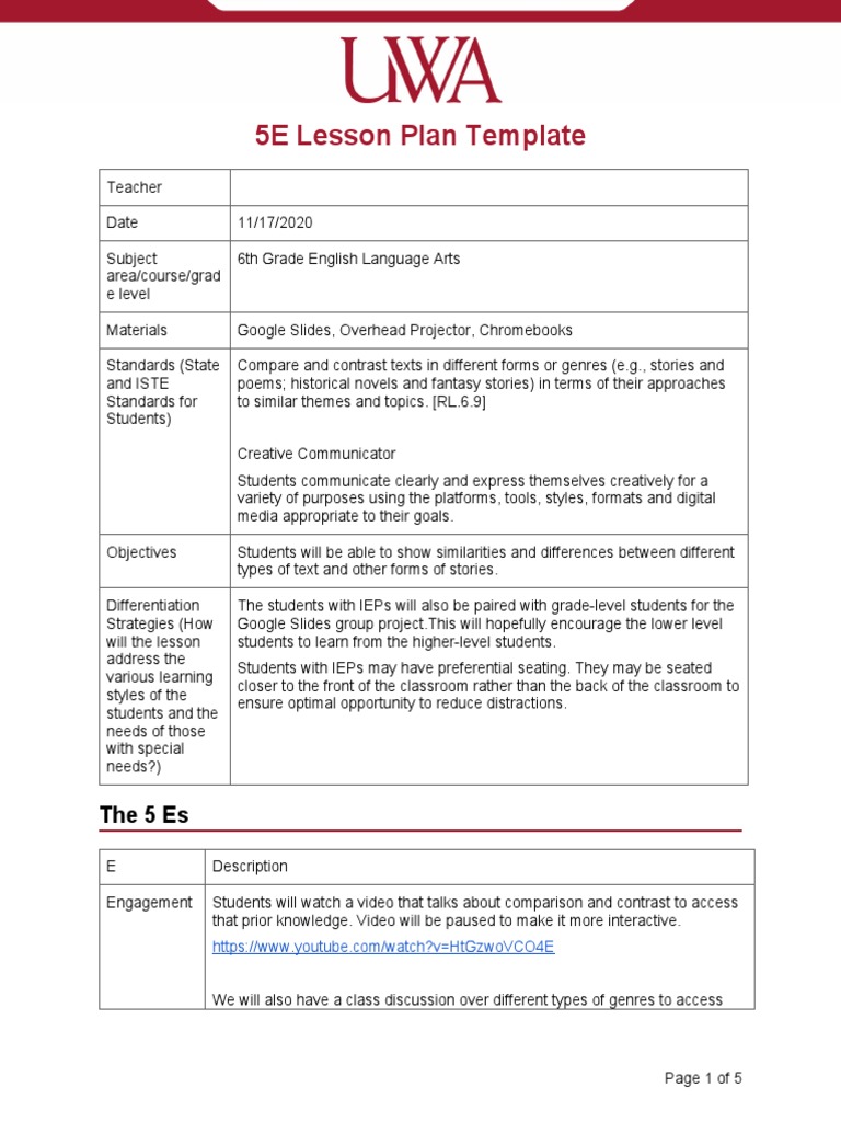 Utf-8ed508-5e-Lesson-Plan-Template 5 | PDF | Lesson Plan ...
