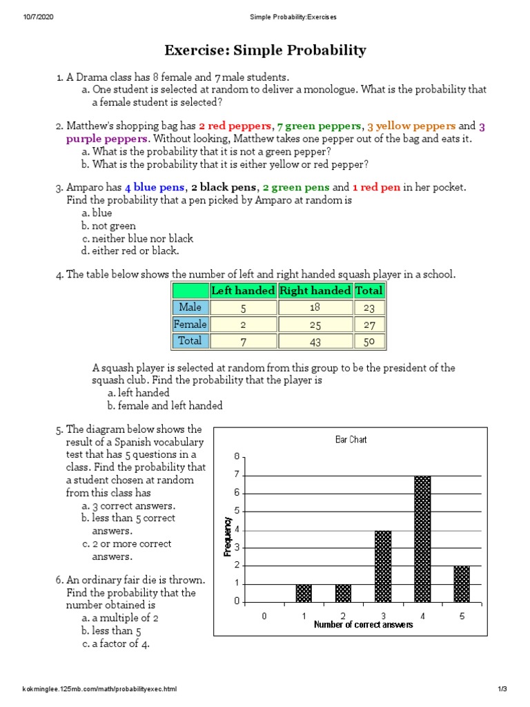 Simple Probability Exercises Guide | PDF | Odds | Numbers