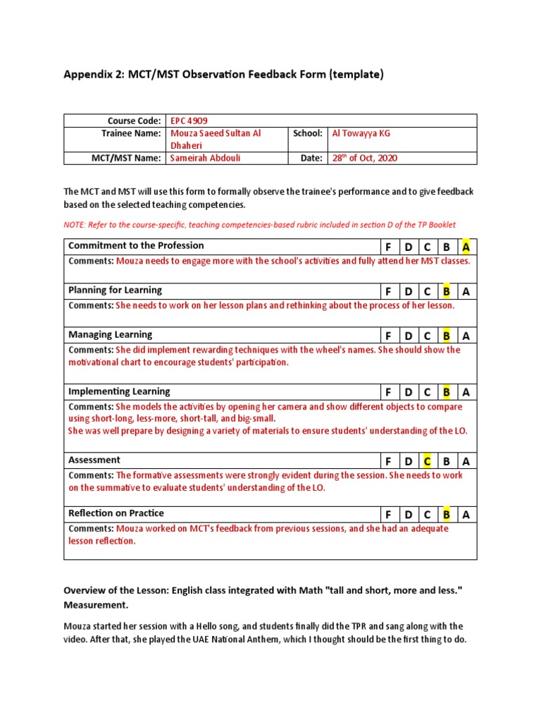 Appendix 2: MCT/MST Observation Feedback Form (Template) : Commitment ...