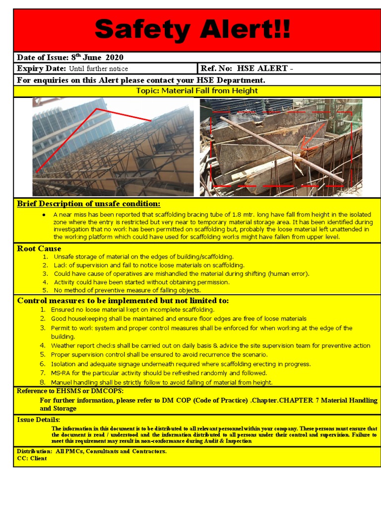Material Fall from Height Safety Alert | PDF | Scaffolding | Business