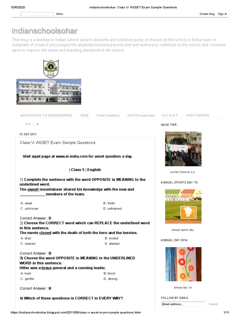 Indianschoolsohar - Class V - ASSET Exam Sample Questions | PDF | Test ...