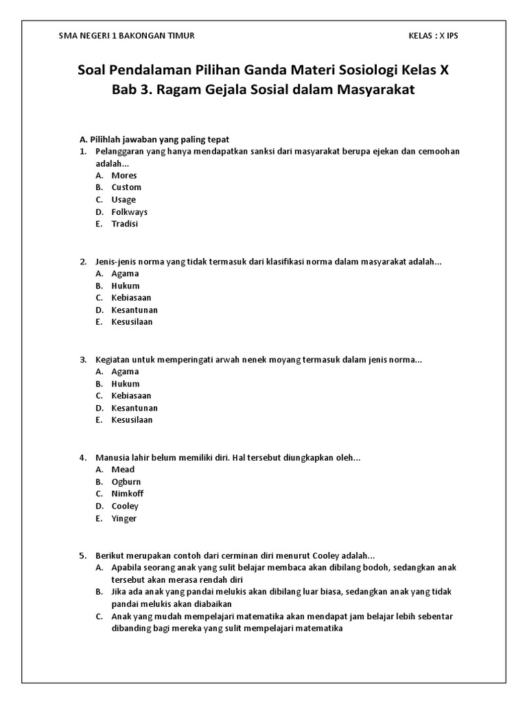 Soal Sosiologi Kelas X Bab 3. Ragam Gejala Sosial Dalam Masyarakat | PDF