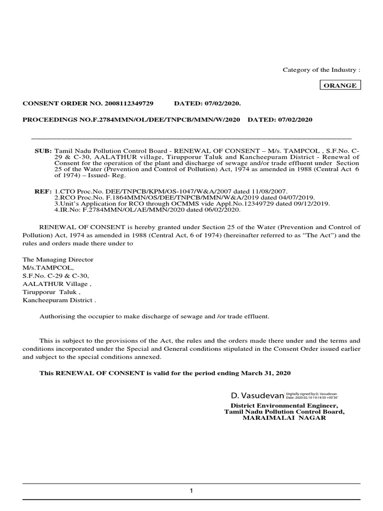 TNPCB Water Consent | PDF | Effluent | Sewage