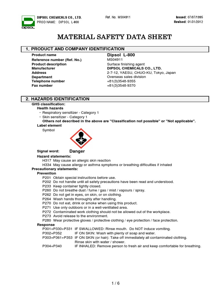 MSDS - Dipsol L-800 (Na HSO3) (Plating) PDF | PDF | Personal Protective Equipment | Sodium Hydroxide