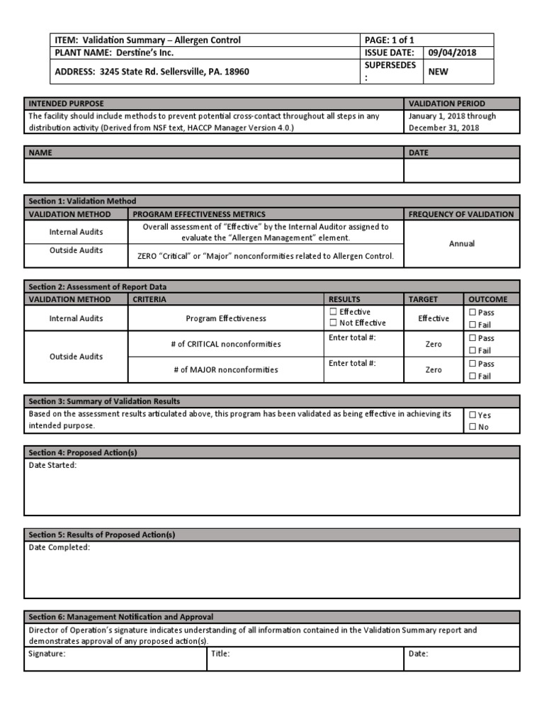 Example of Validation Summary Report - Allergen Control | PDF ...