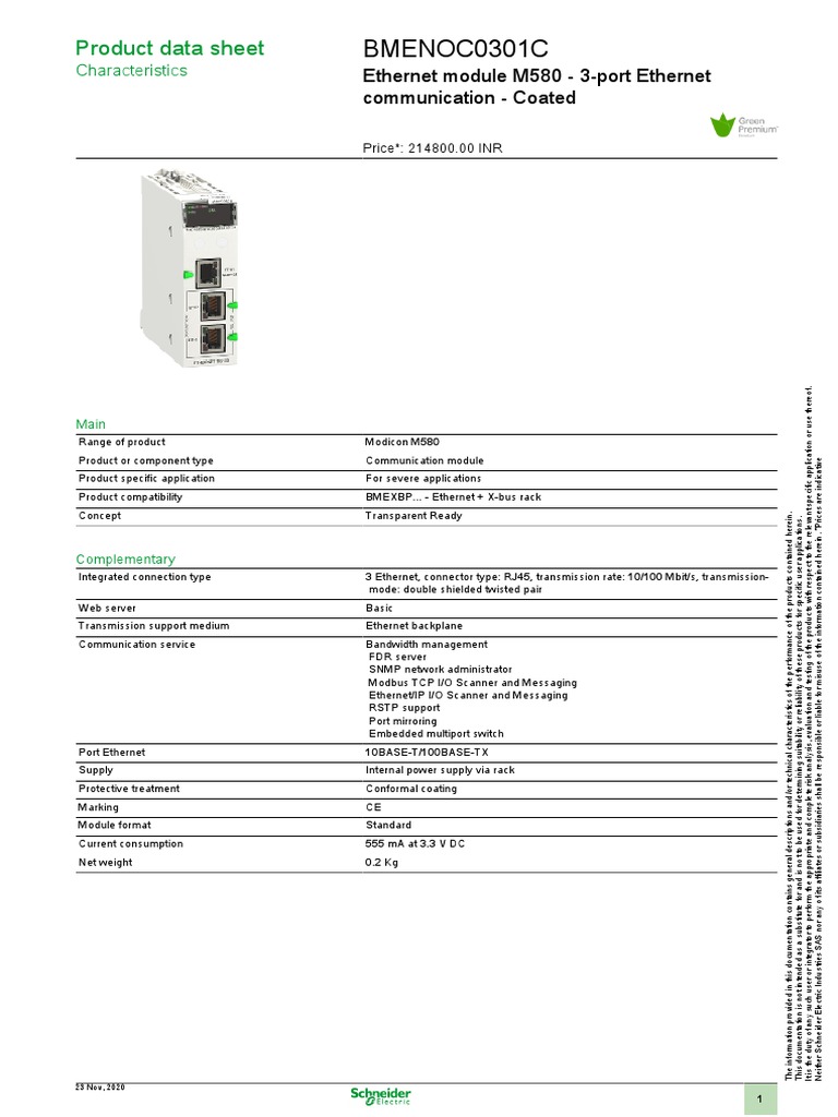 BMENOC0301C: Product Data Sheet | PDF | Ethernet | Data Transmission