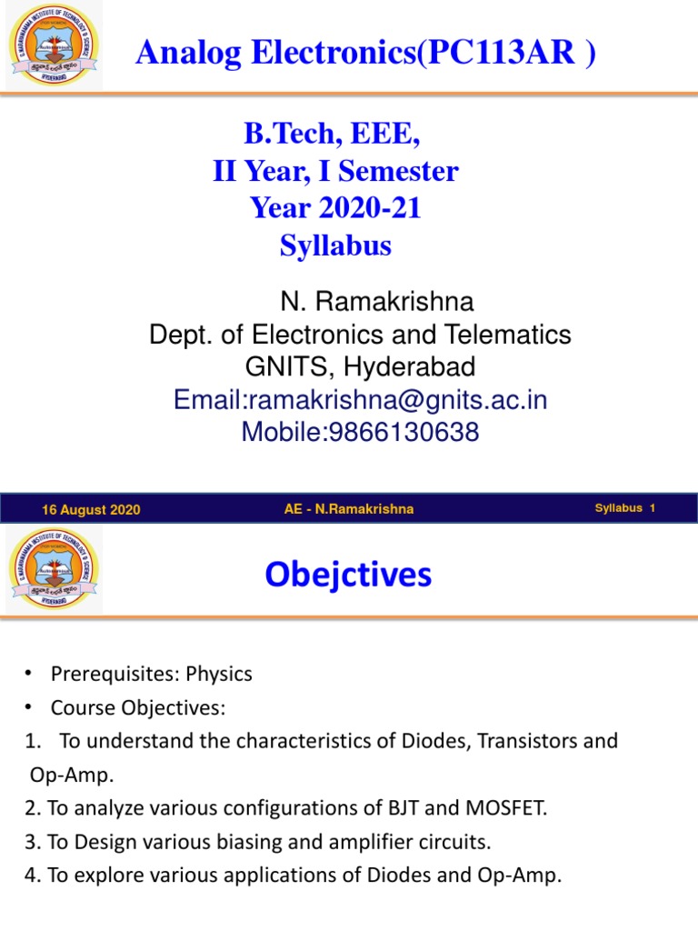 Analog Electronics (PC113AR) : B.Tech, EEE, II Year, I Semester Year ...