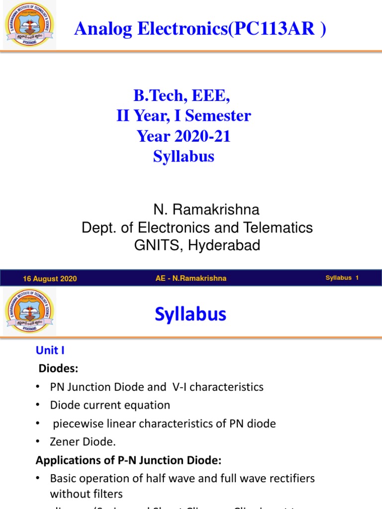 Analog Electronics (PC113AR) : B.Tech, EEE, II Year, I Semester Year ...