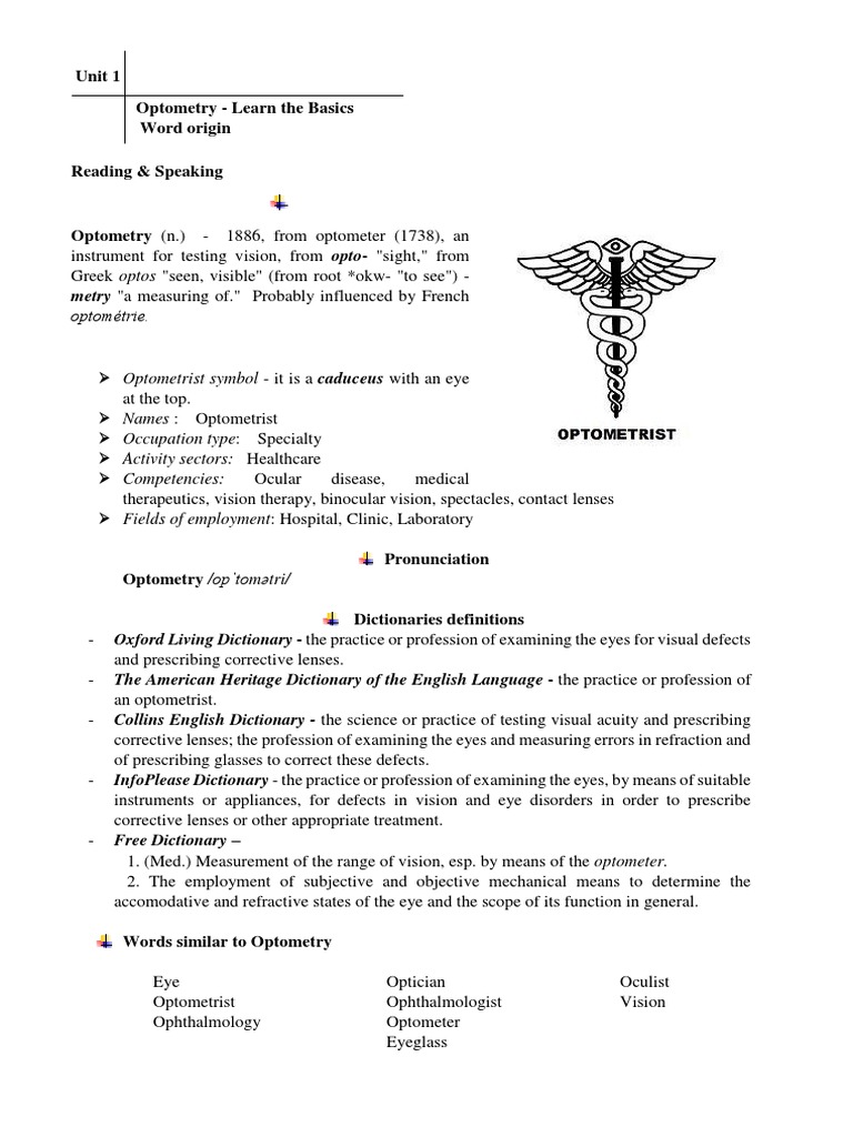 Unit 1 Optometry - Learn The Basics Word Origin: Metry "A Measuring Of ...