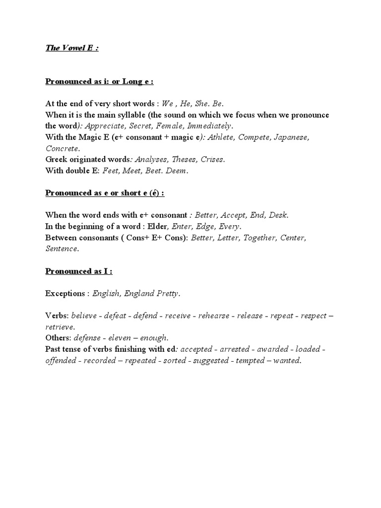 The Different Pronunciations of the Vowel E | PDF