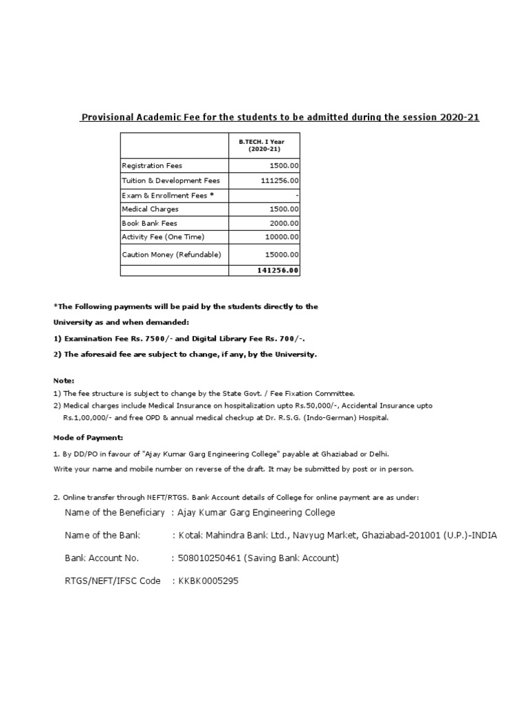 Fee Structure Ist Year 2020 21 B.Tech | PDF