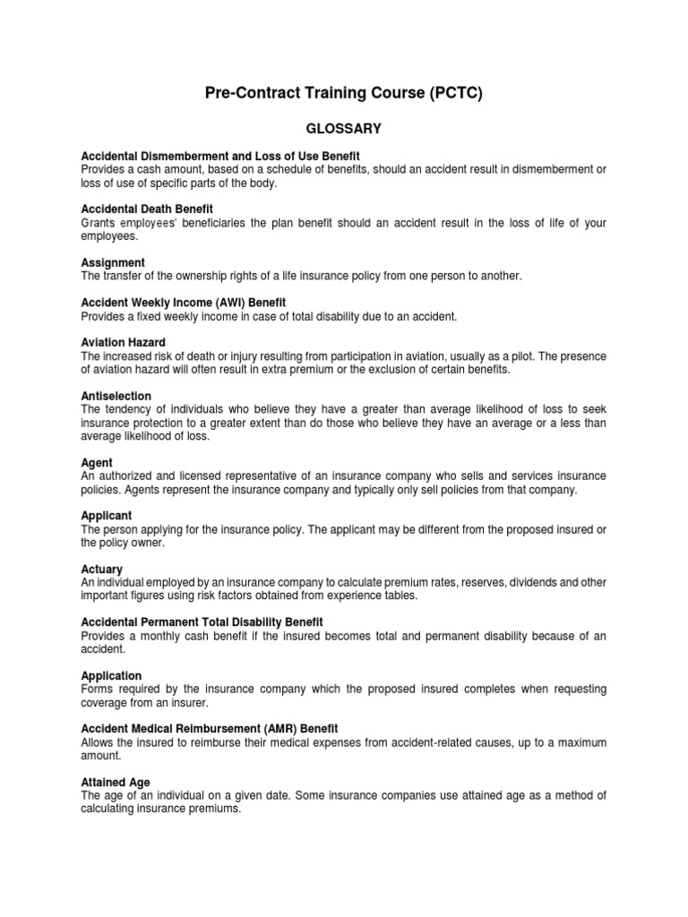 Pre-Contract Training Course (PCTC) : Glossary | PDF | Life Insurance ...