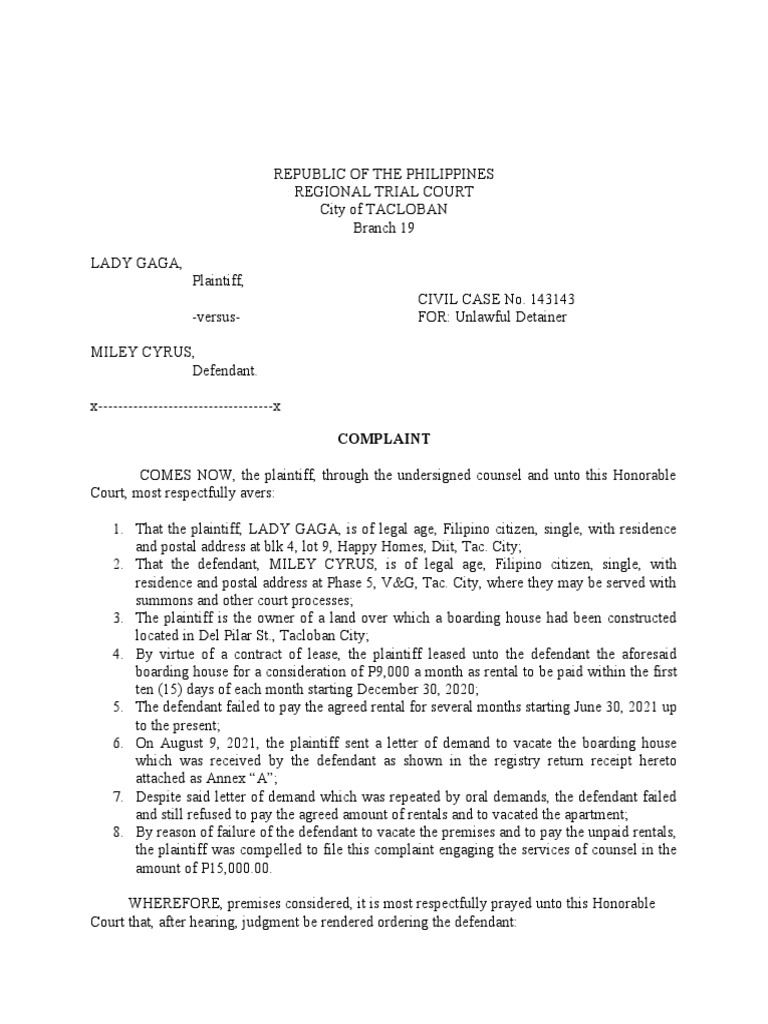 Unlawful Detainer Complaints in Tacloban | PDF | Lawsuit | Complaint