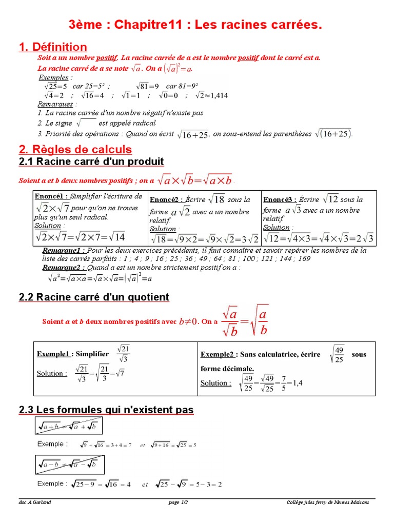 Cours Racines Carrees | PDF | Racine carrée | Nombre
