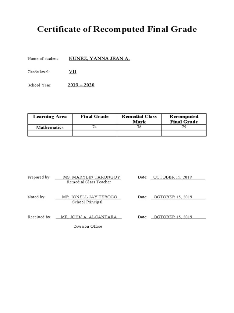 Certificate of Recomputed Final Grade | PDF