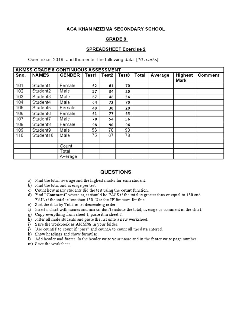 Aga Khan Mzizima Secondary School Grade 8 SPREADSHEET Exercise 2 | PDF