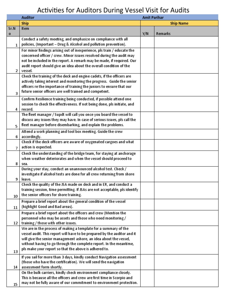 Activities For Auditors During Vessel Visit For Audits | PDF | Audit ...