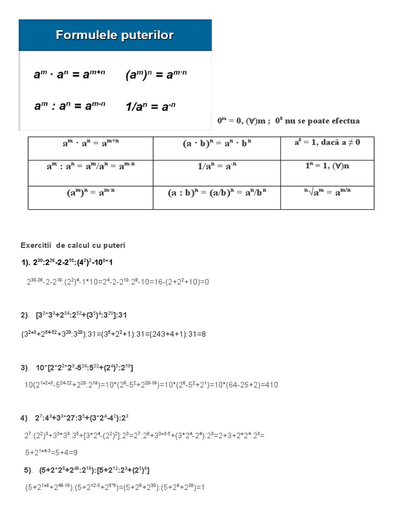 Exercitii Matematica Clasa 5: Puteri | PDF | Teaching Mathematics