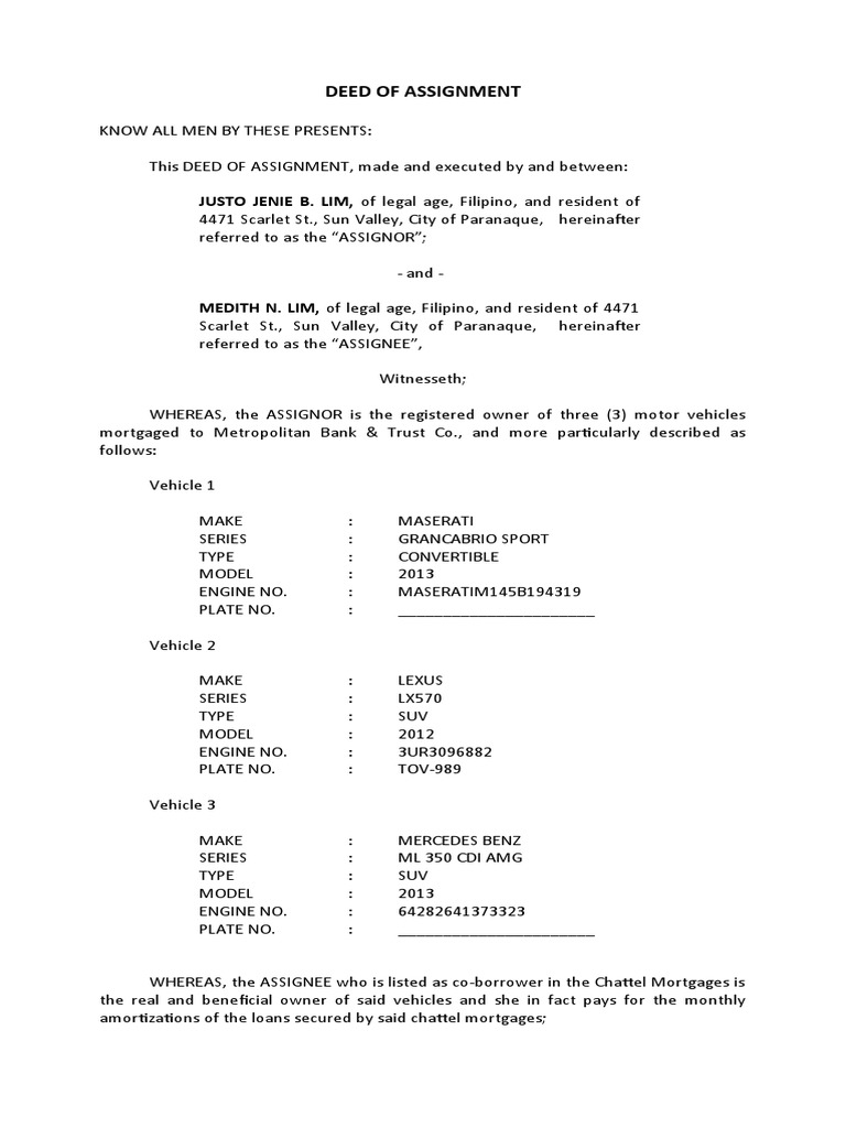 DEED OF ASSIGNMENT Motor Vehicle | PDF | Assignment (Law) | Mortgage Law