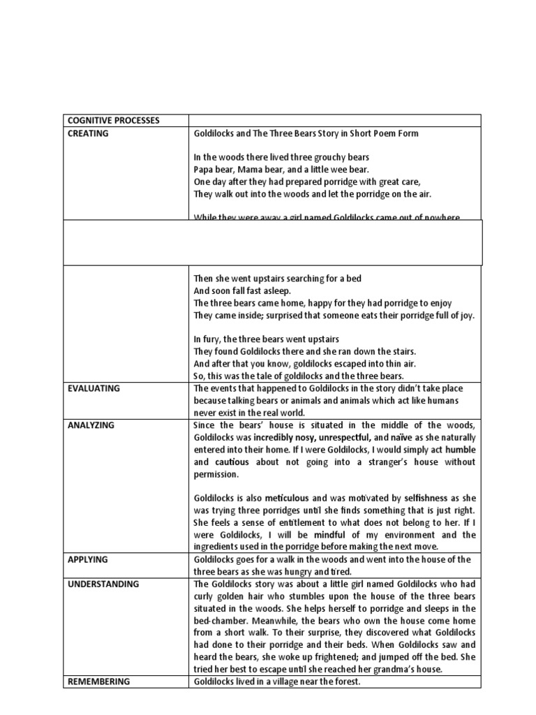 Goldilocks Story (Bloom's Cognitive Behavior) | PDF | Goldilocks And ...