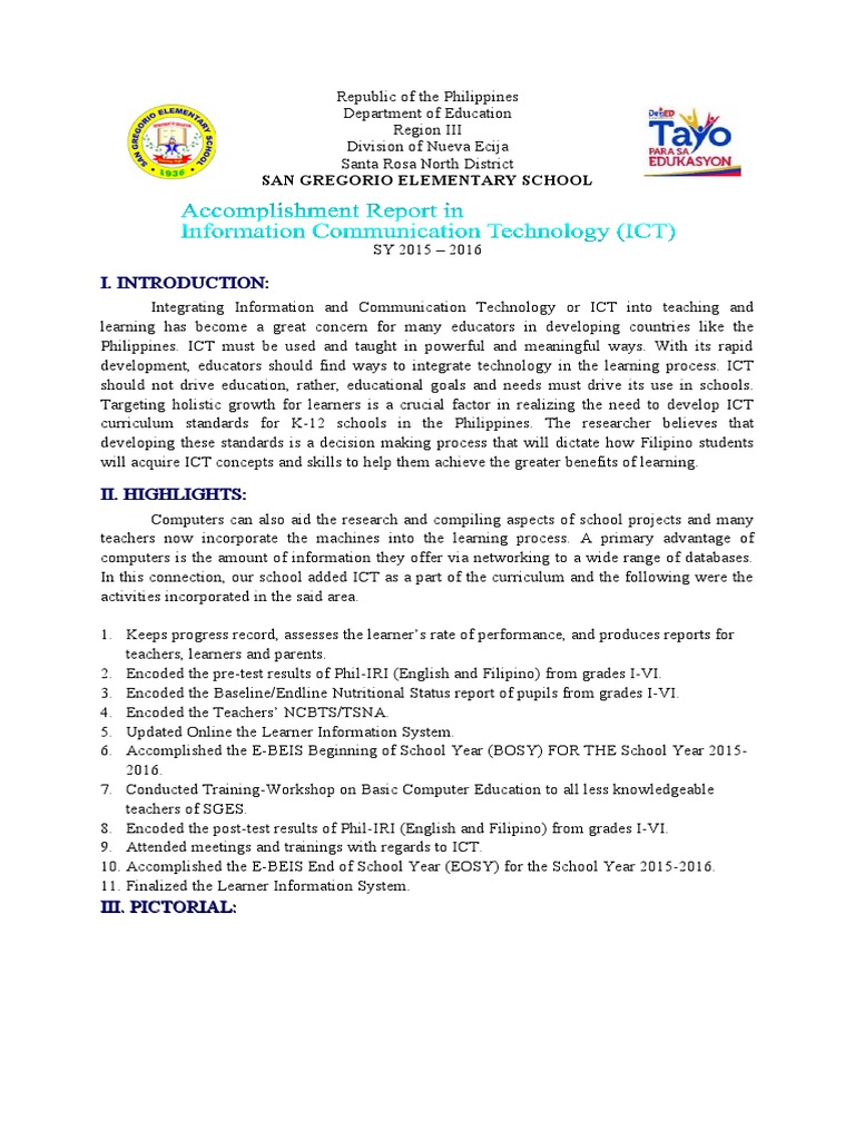 ICT Accomplishment Report SY 2015-2016 | PDF | Educational Technology ...