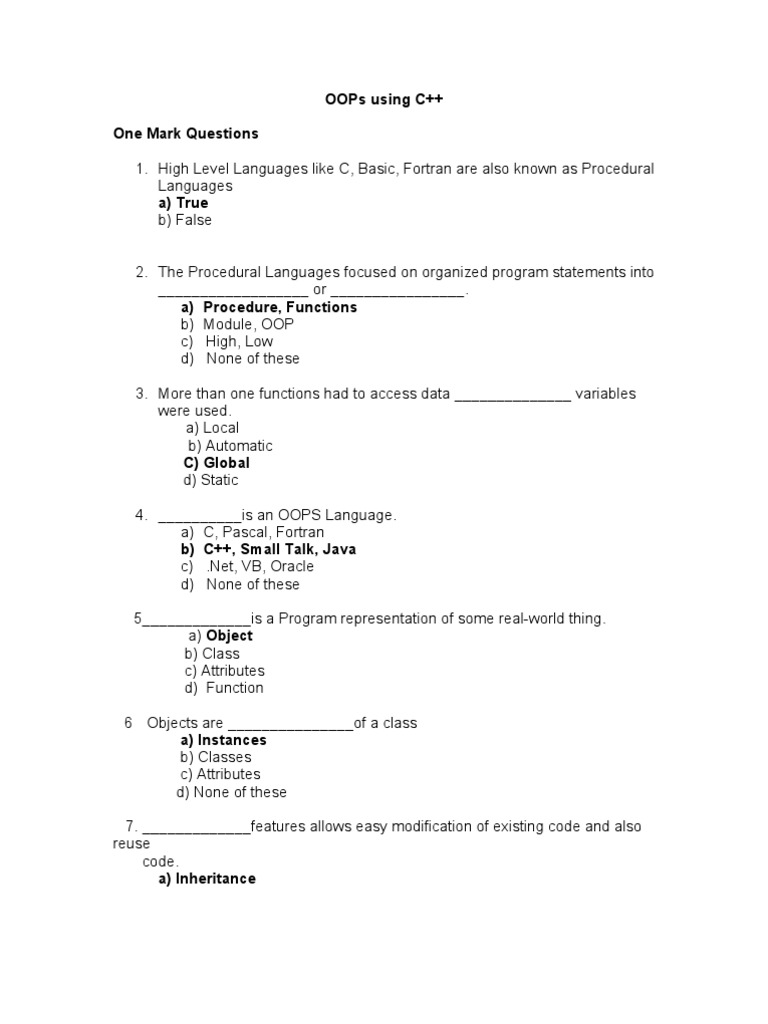 Oops Using C One Mark Questions Pdf C Programming Language Class Computer Programming