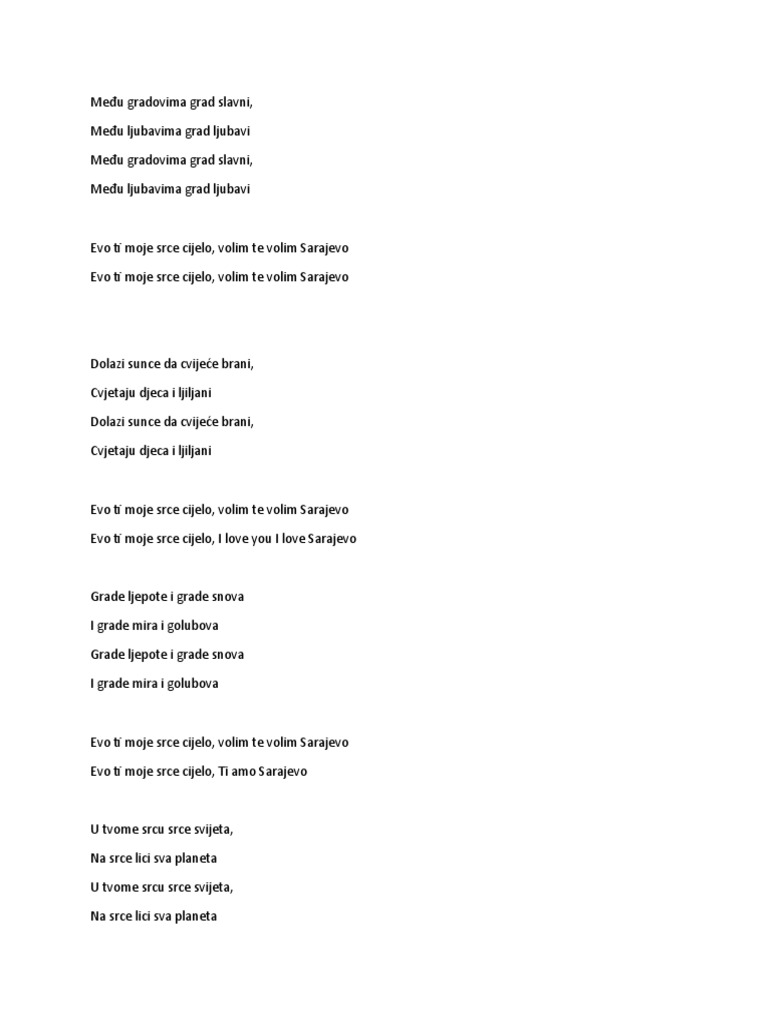 Ja Volim Sarajevo Tekst | PDF