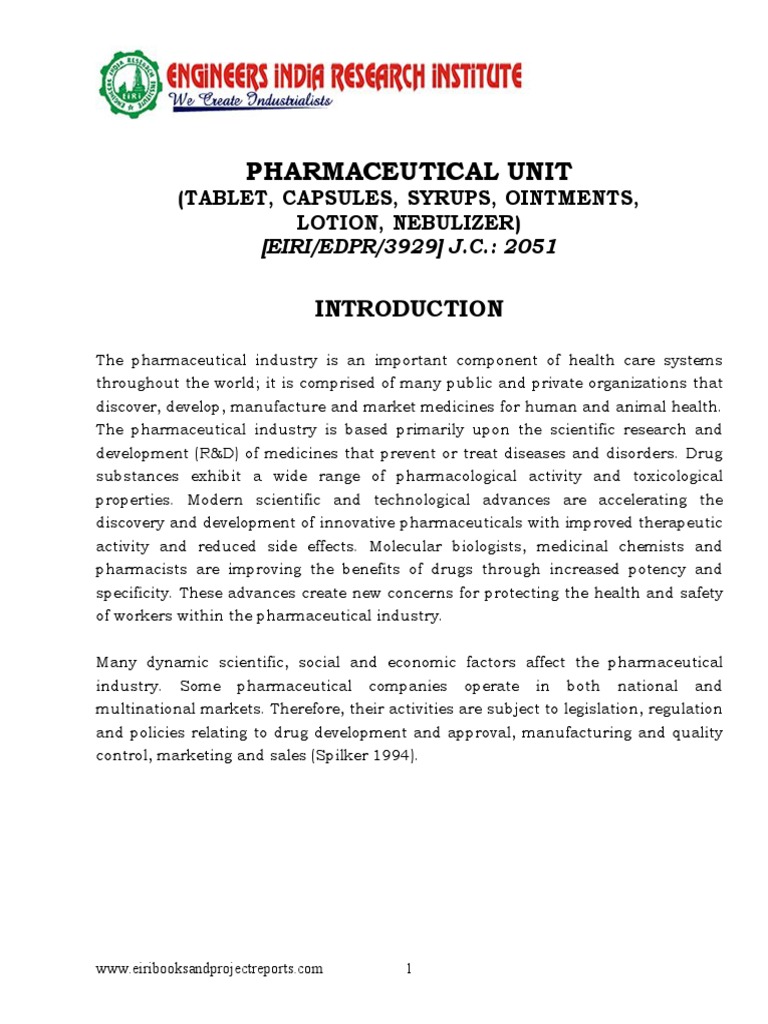 Project Report On Pharmaceutical Unit (Tablet, Capsules, Syrups ...