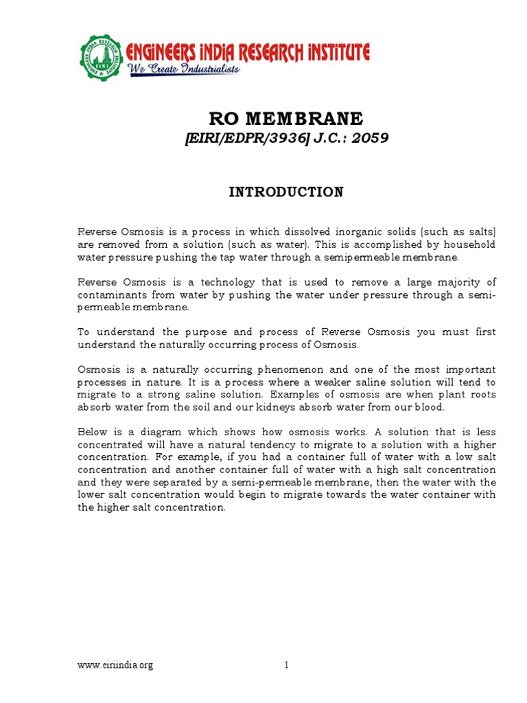 Project Report On Ro Membrane | PDF | Osmosis | Water Purification