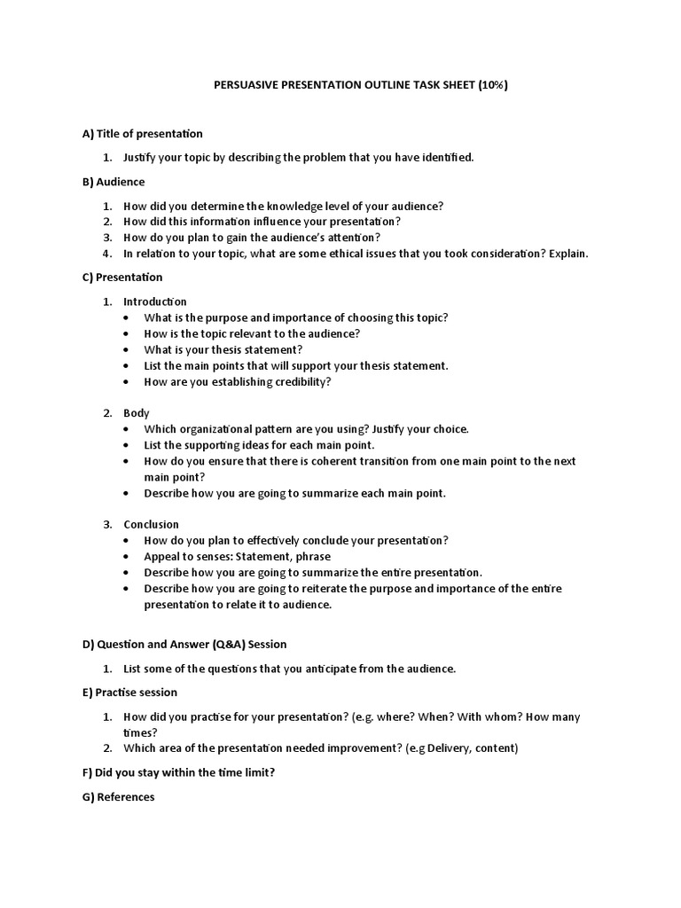 Persuasive Presentation - Outline Task Sheet | PDF