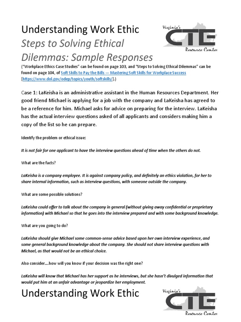 Steps To Solving Ethical Dilemmas: Sample Responses: Understanding Work ...